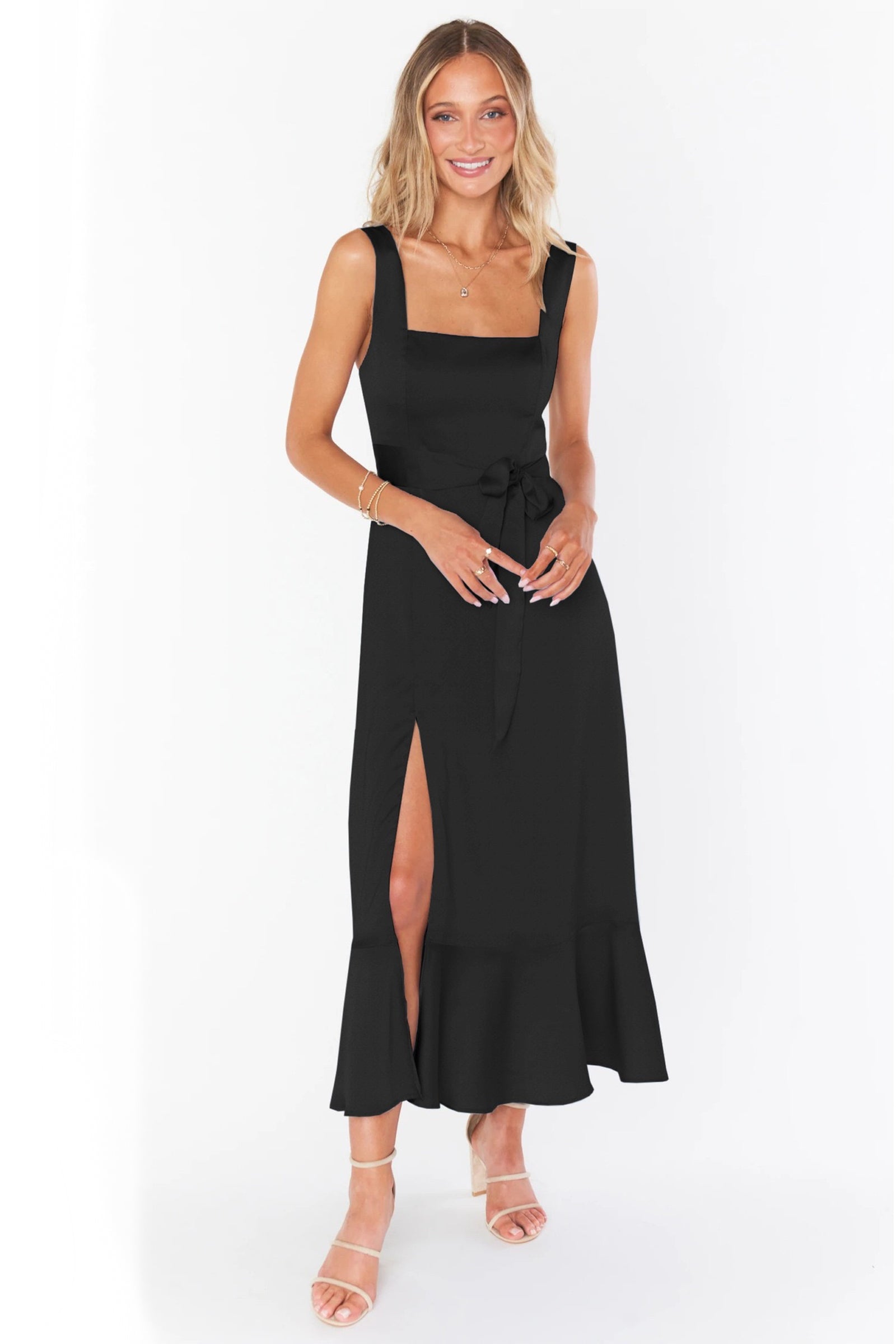Tie strap maxi dress with slit- Black – Shape Wear Shop