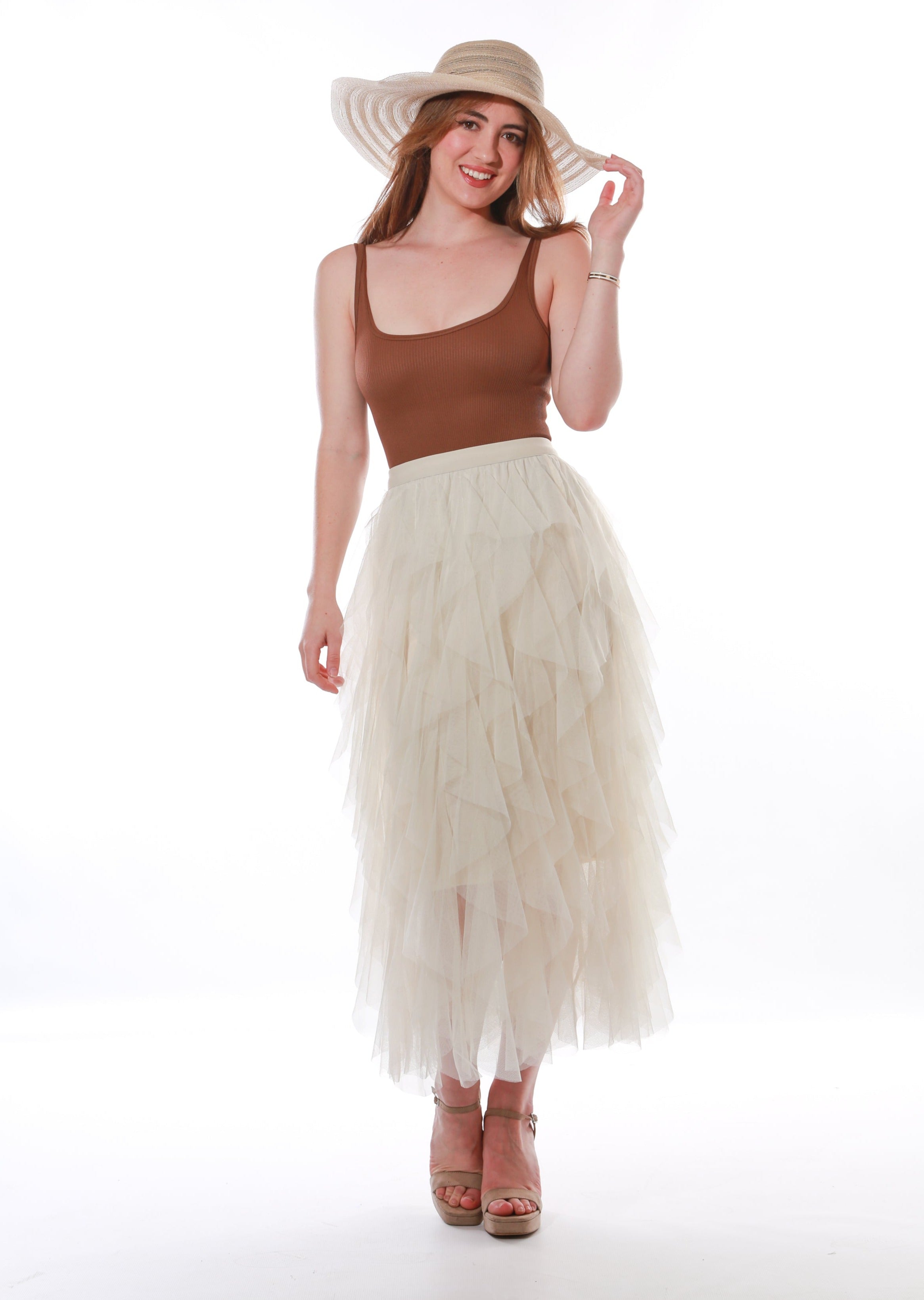 Layered Tulle Ruffle mesh Midi Skirt-Beige – Shape Wear Shop
