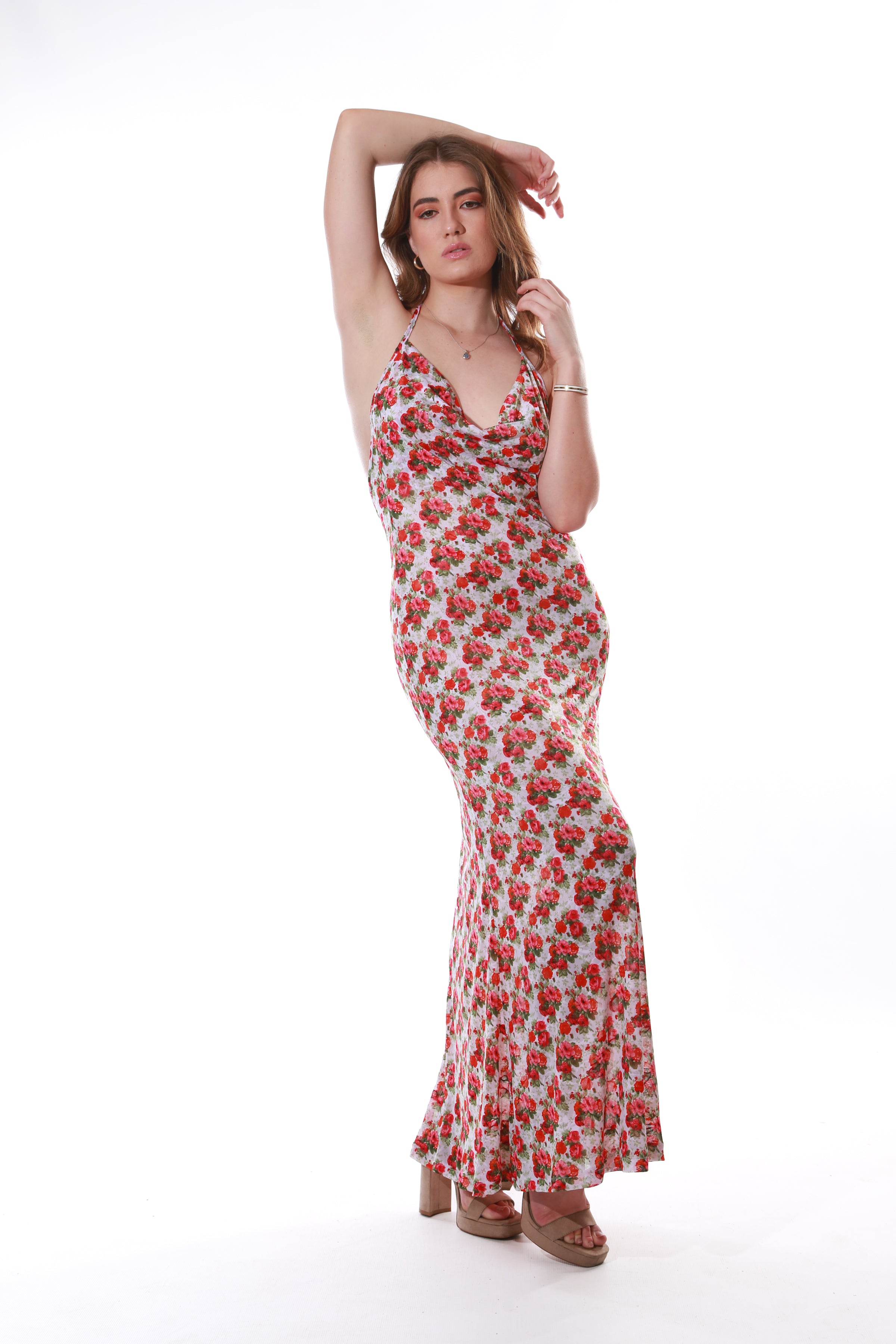 Sheer Mesh cowl neck dress- Red floral – Shape Wear Shop